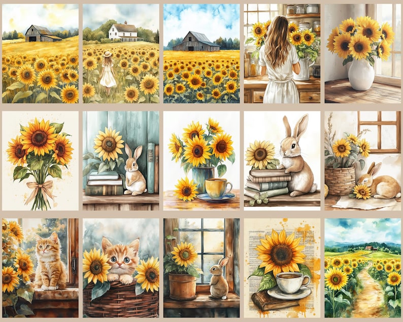 Sunflower Journal Pages, Digital Paper, Flower Scrapbook Papers, Summer ...