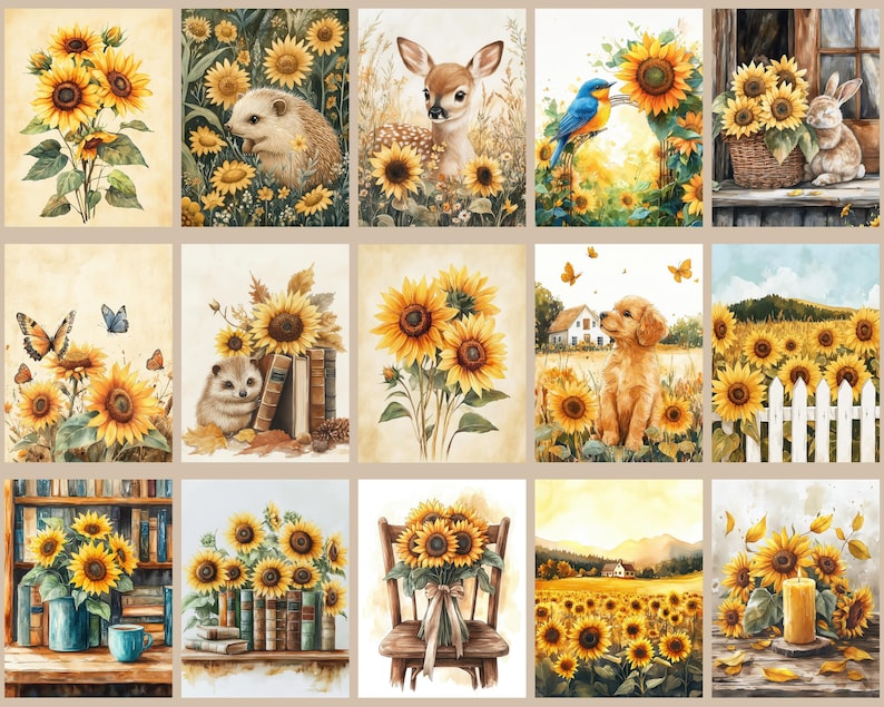 Sunflower Journal Pages, Digital Paper, Flower Scrapbook Papers, Summer ...