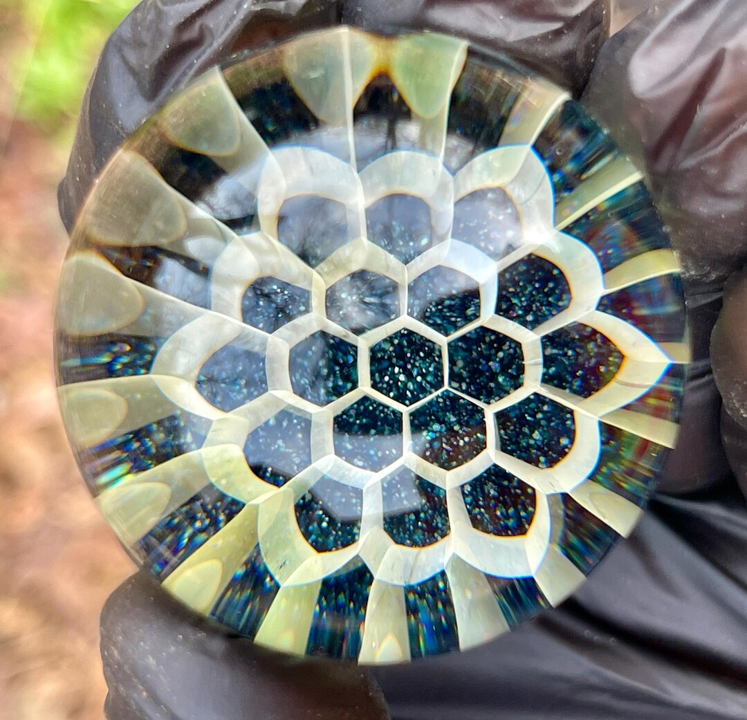 Large Honeycomb Murrine Coin Gold & Silver Fume Blown Glass Marble 41mm ...