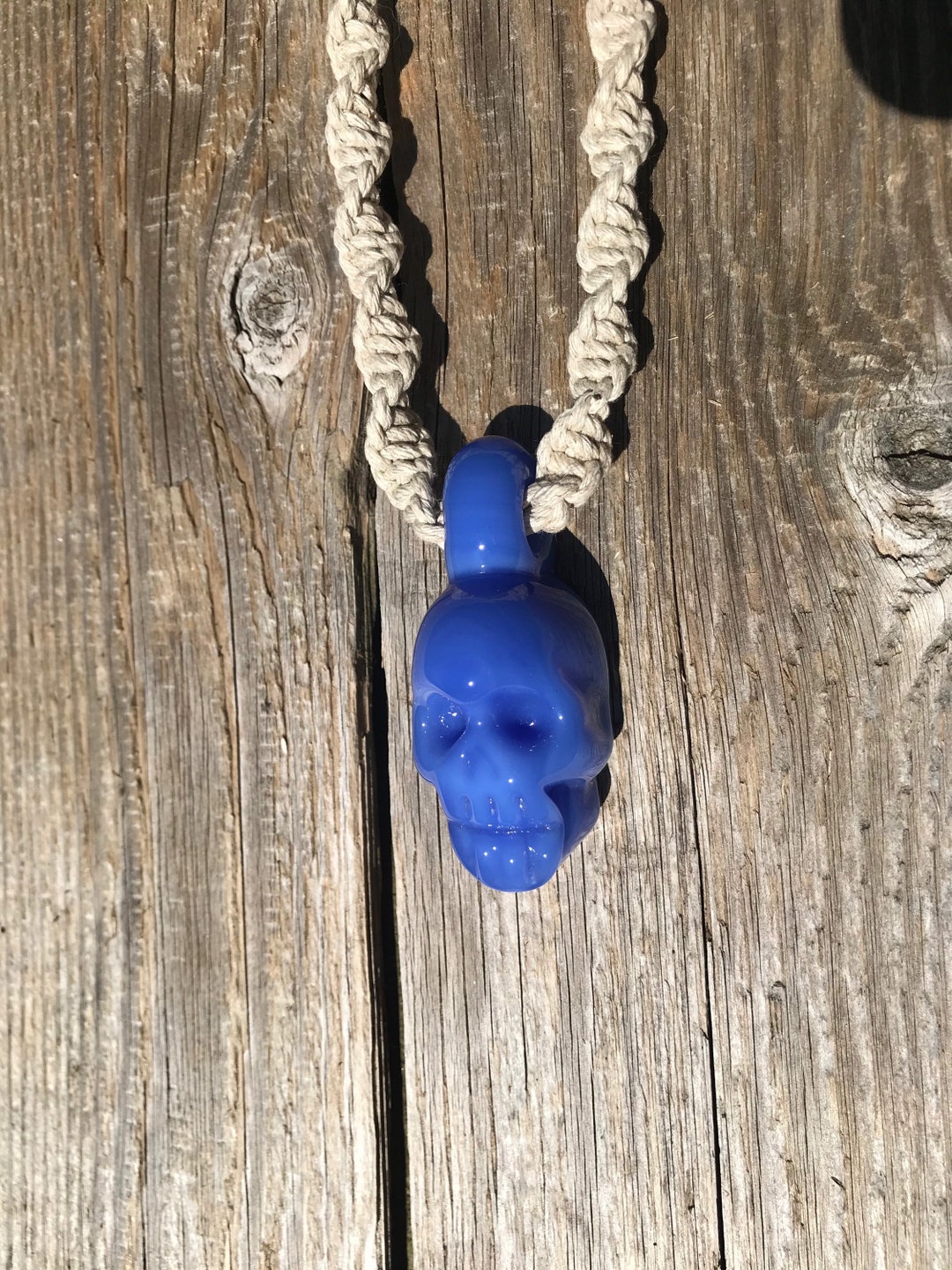 Glass Skull Hemp Necklace Xl Large Pendant Greasy Blue Cheese 22” Inch ...