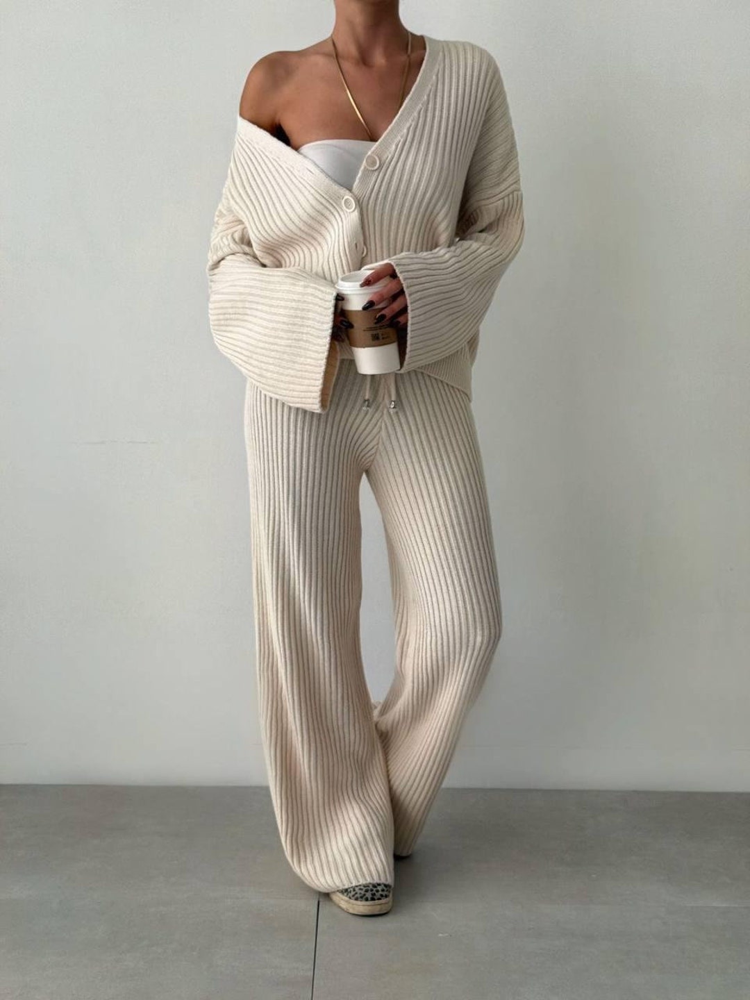 Women's Double Knitted Set Suit: Cardigan and Trousers Casual Basic ...