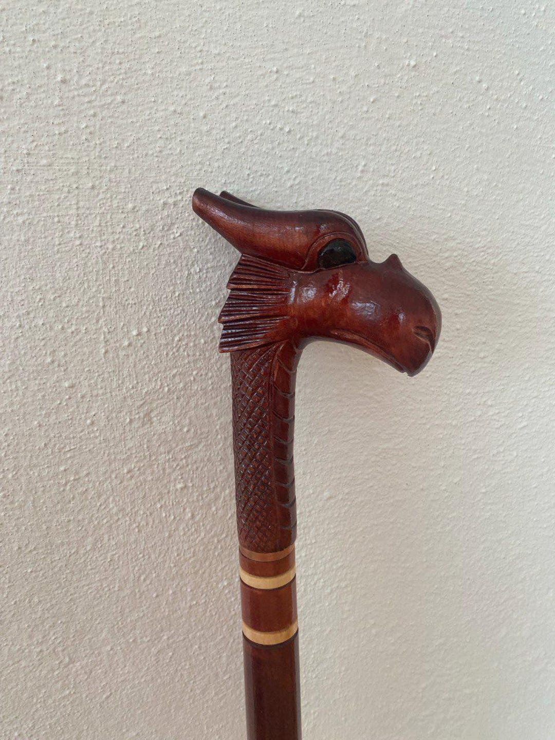 Dragon Cane Wooden Walking Stick Ergonomic Palm Grip Handle Wood Carved ...