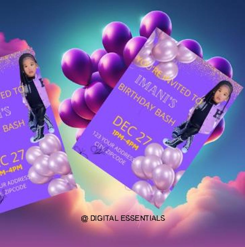Purple Glam Birthday Bash Invitation Customizable Kids Party Invite ...
