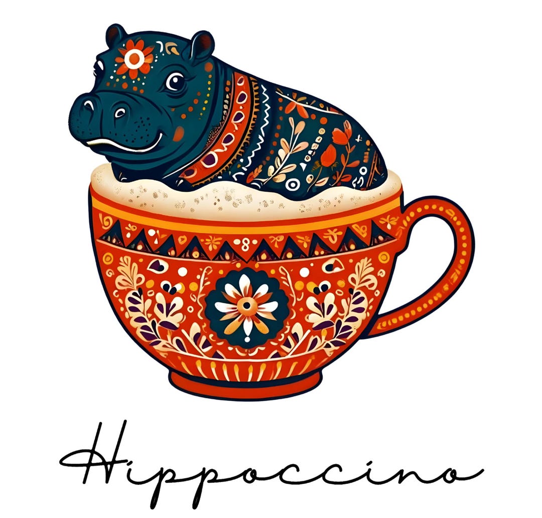Hippoccino, Baby Pygmy Hippo, Custom Graphic Pun Tshirt, Multi-colored ...