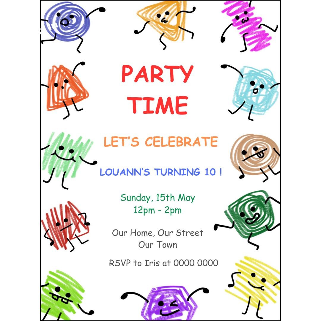 Editable Doodle Sketch Scribble Theme Birthday Party Digital Invitation ...