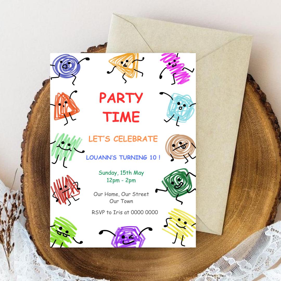 Editable Doodle Sketch Scribble Theme Birthday Party Digital Invitation ...