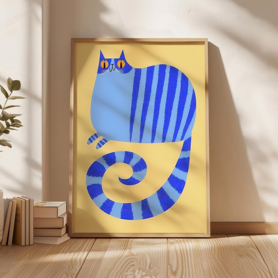 Blue Striped Cat, Whimsical, Digital Poster Download - Etsy