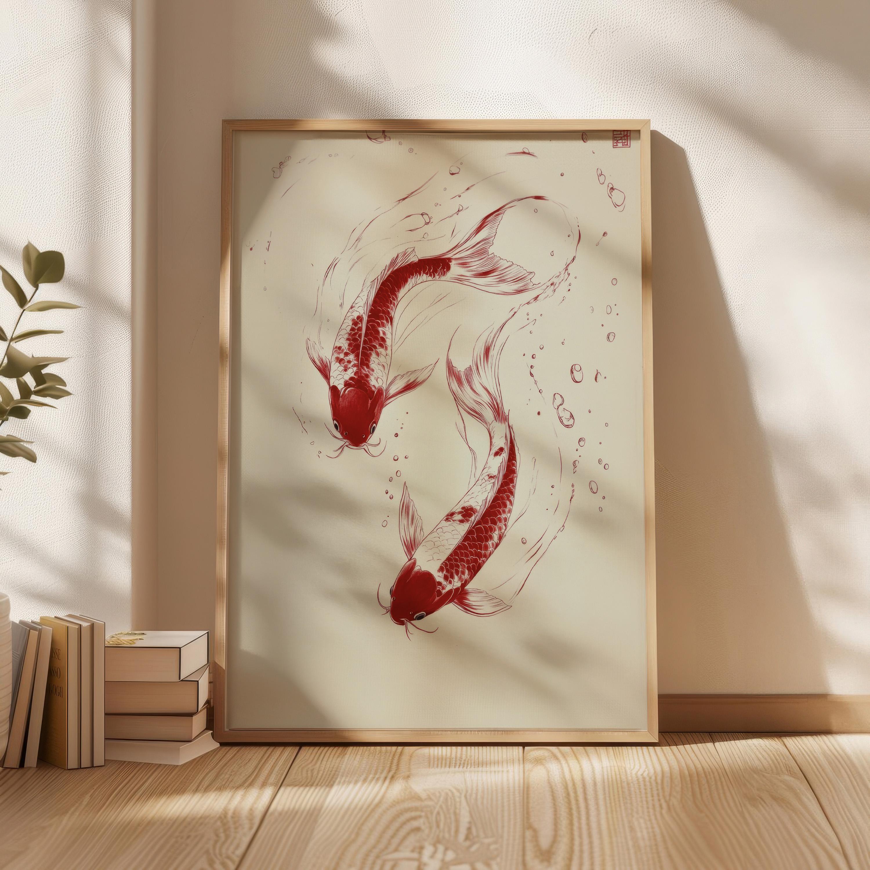 Red Koi Fish Poster, Digital Download, Vintage Japanese Style Artwork ...