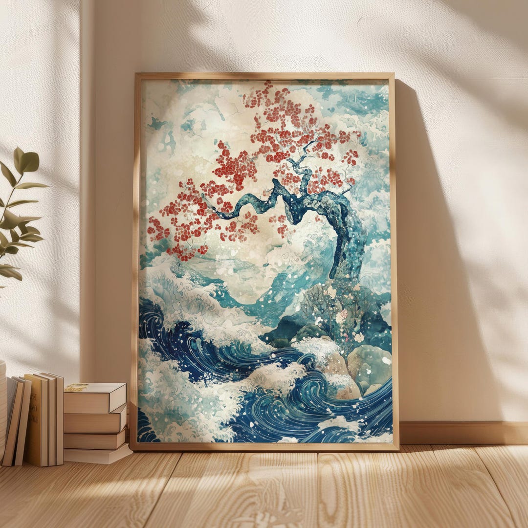 Katsushika Hokusai Style Cherry Blossom and the Wave Poster ,hokusai ...