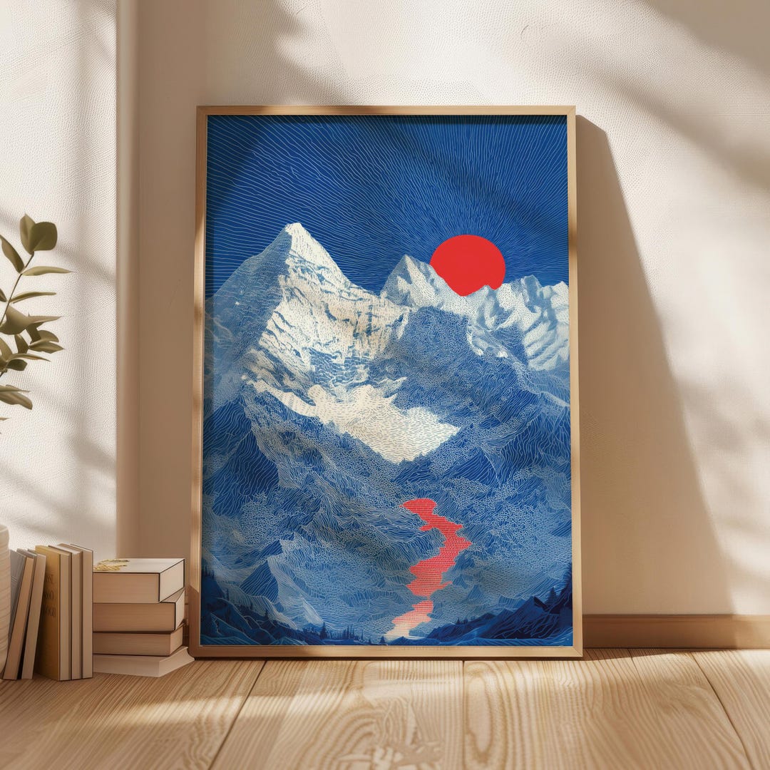 Blue Mountain Landscape Art Print, Pointillism Wall Art (digital ...