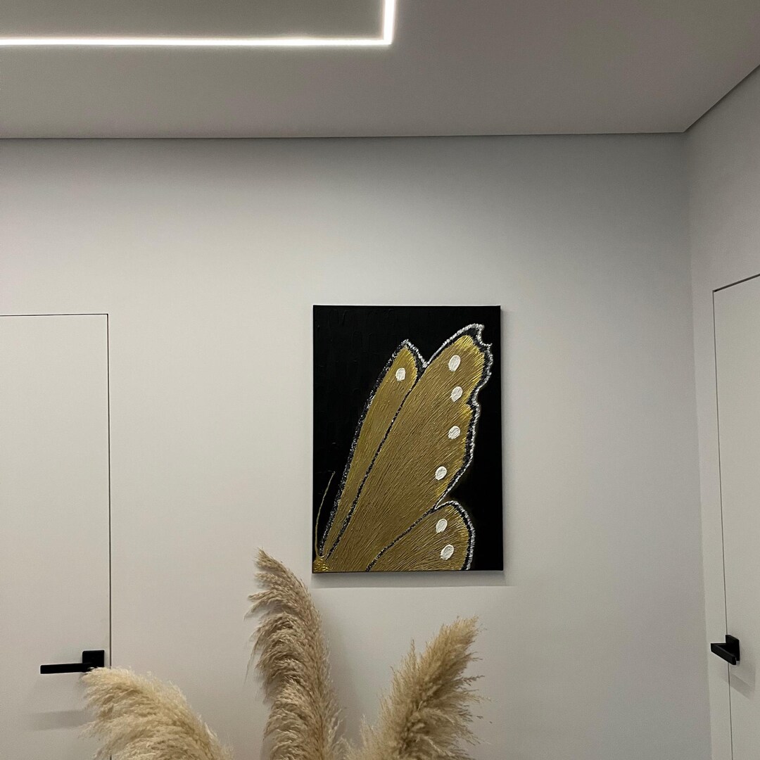 3d Golden Butterfly,wall Structural Painting,black Gold Textured Art ...