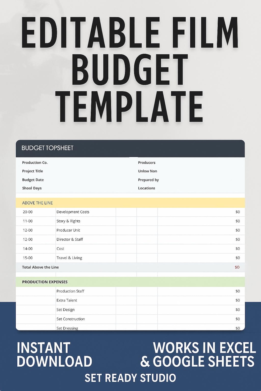Editable Film Budget Template | Production Top Sheet for Indie ...