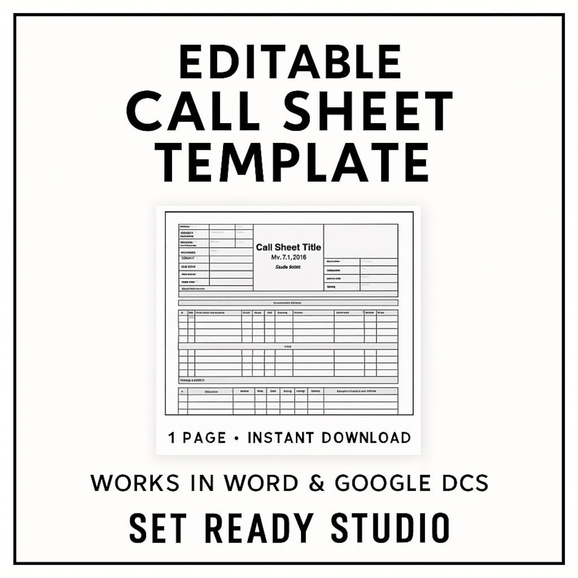 Fully Editable Call Sheet Template for Film Production – Traditional ...