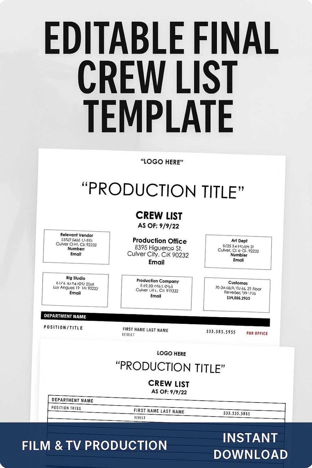 Editable Final Production Crew List Template for Indie Film Production ...