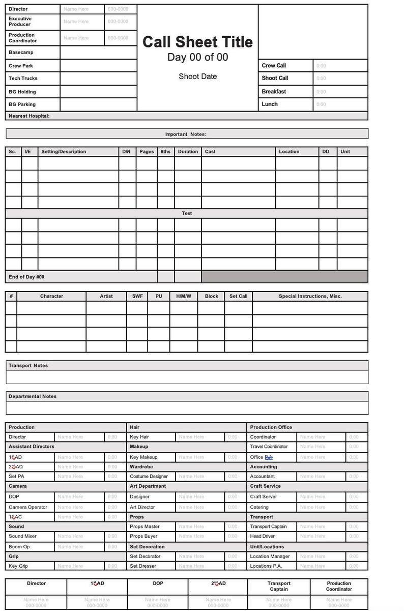 Fully Editable Call Sheet Template for Film Production – Traditional ...