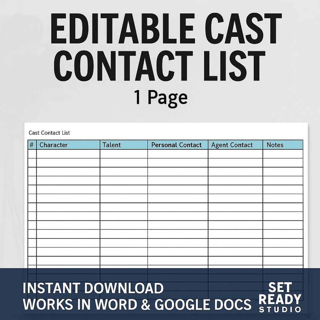 Editable Cast Contact List Template for Film & TV Production – 1 Page ...