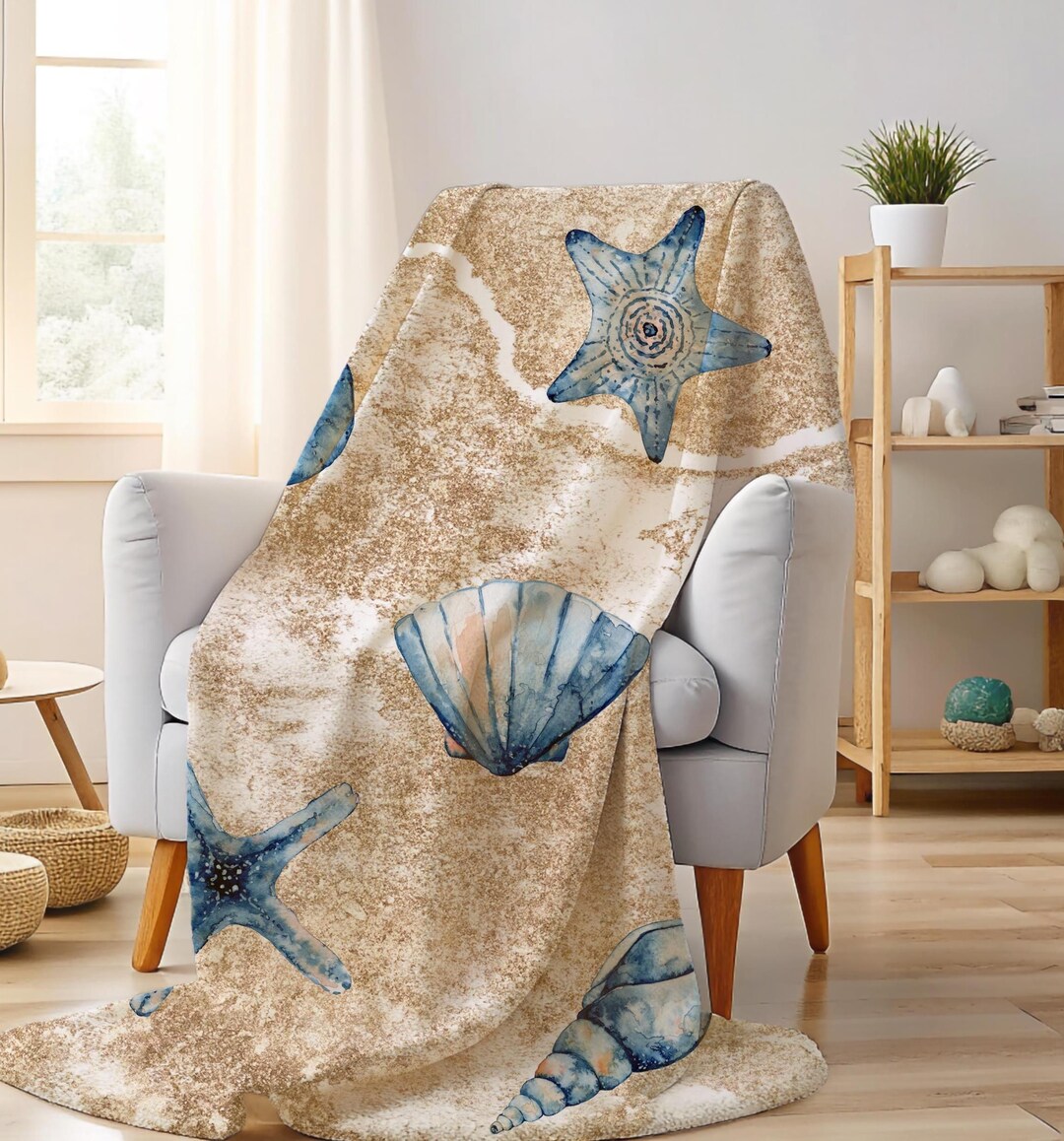 Watercolor Seashell Blanket Beach Coastal Throw Ocean Shell Starfish ...