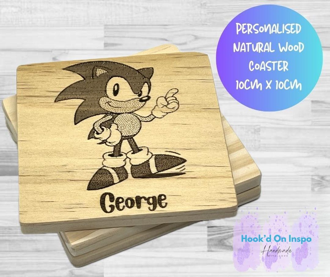 Personalised Sonic Wooden Coaster – Custom Name Gift, Gamer Drink Mat ...