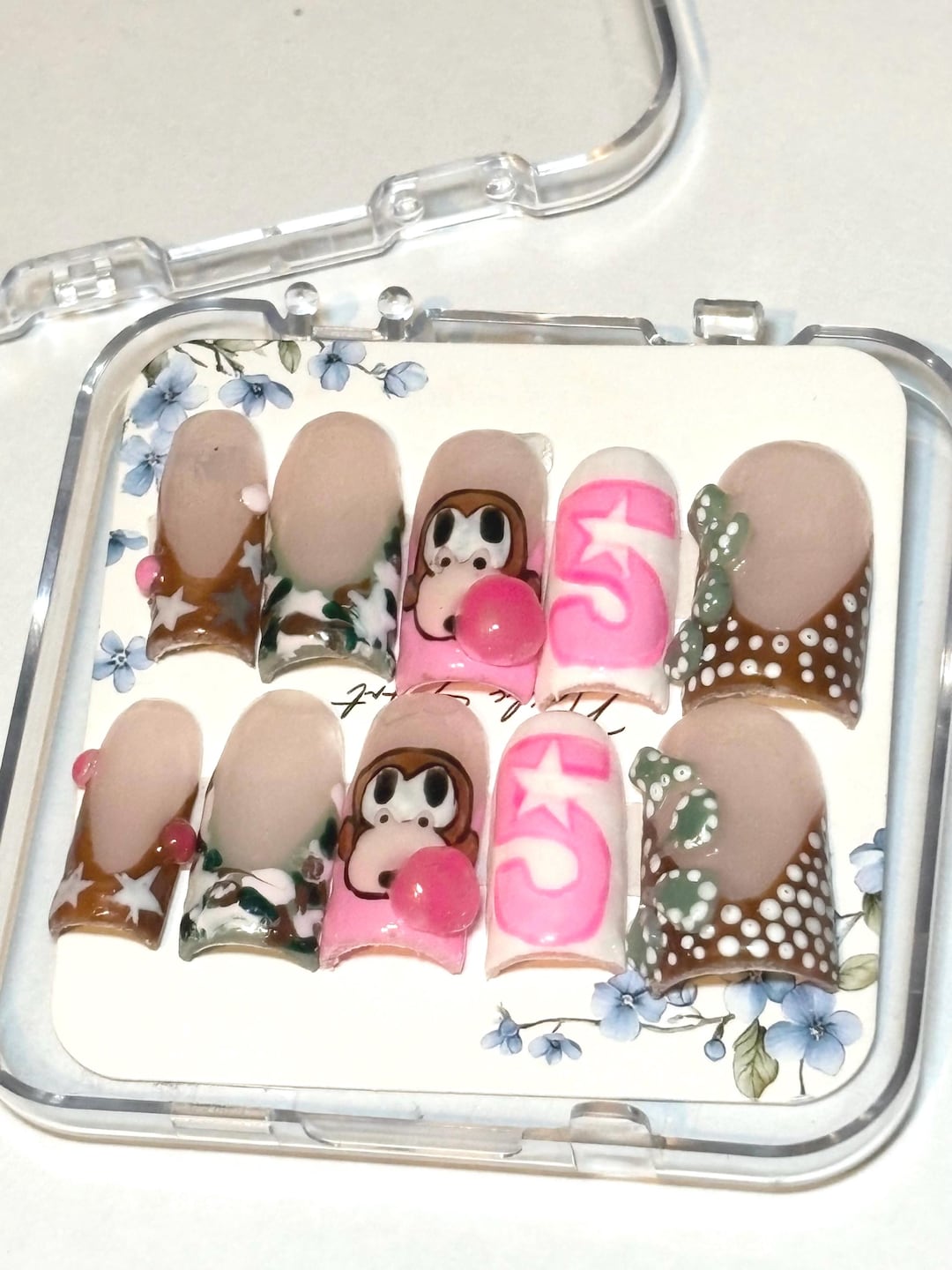 3D Cartoon Monkey Press on Nails: Brown & Pink Star Nail Set - Etsy