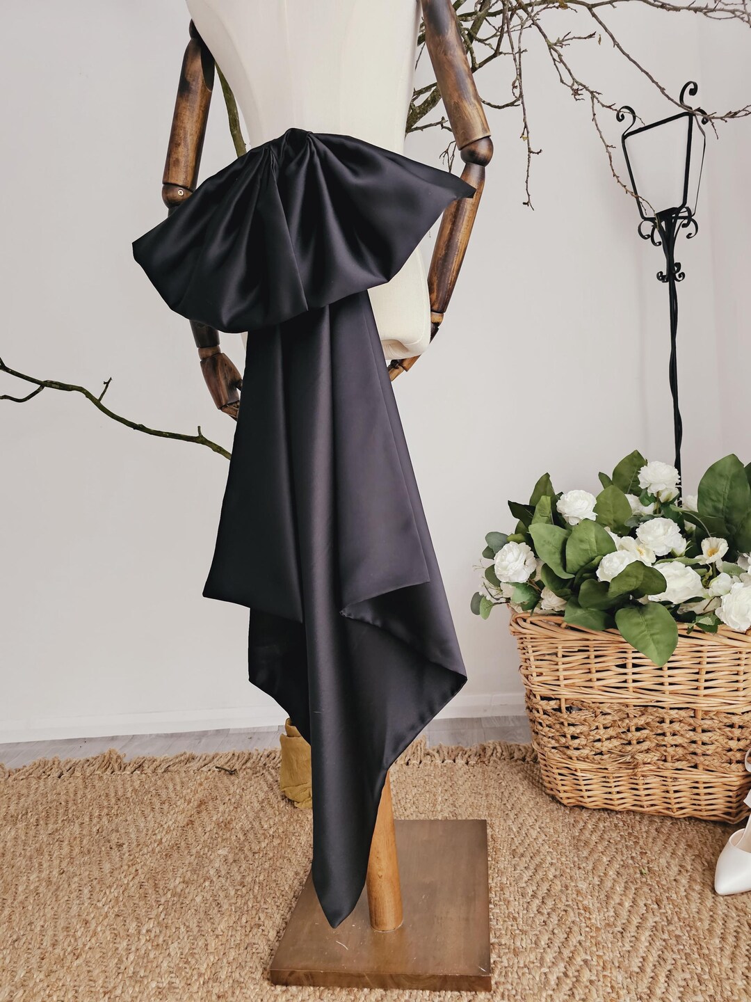 Lazo de satén negro, lazo drapeado negro con colas - Etsy México