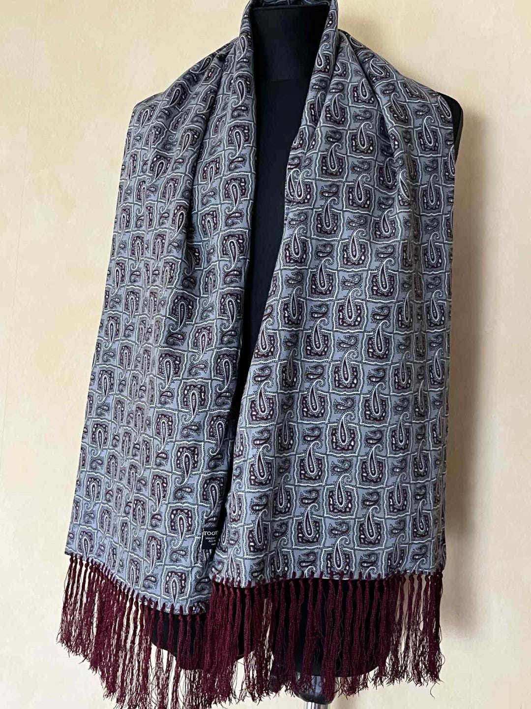 Vintage Tootal Opera Scarf – Grey Burgundy Paisley, British Mod 60s ...