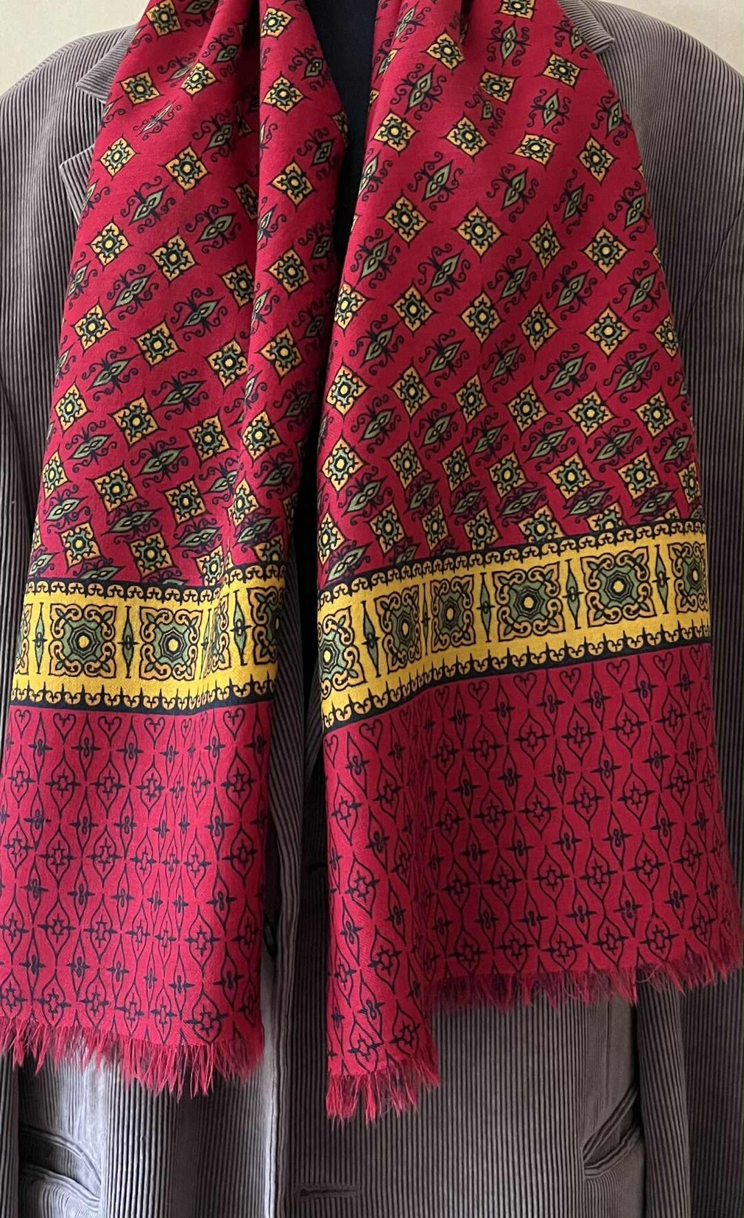 Vintage Wool Opera Scarf – Red Paisley Geometric Pattern - Etsy