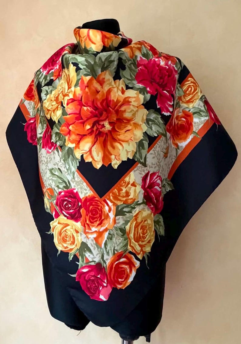 Vintage Italian Silk Scarf Roses & Dahlias Twill Silk Square Scarf ...