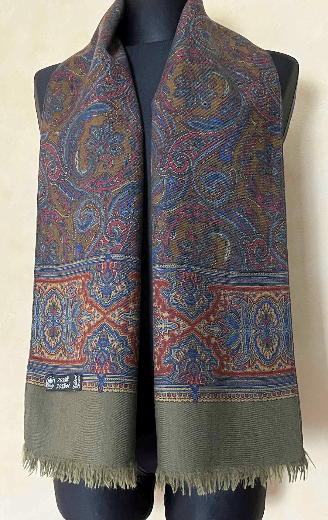 Vintage EDSOR CROWN Men Opera Scarf 70 Silk 30% Wool Two-layer Khaki ...