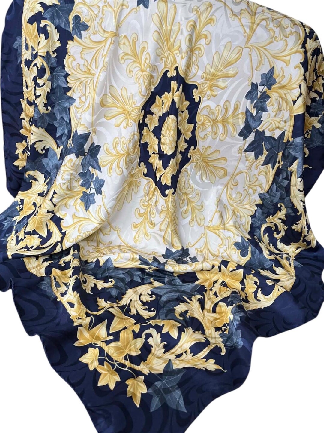 Vintage Italian Silk Scarf, Navy Gold Baroque Print - Etsy