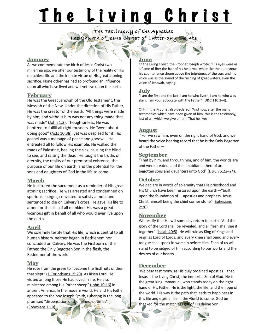 The Living Christ Printable - Divided by Months - Etsy