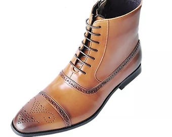 Men's Genuine Tan Leather Military Style Long Boots Custom Made Tall ...