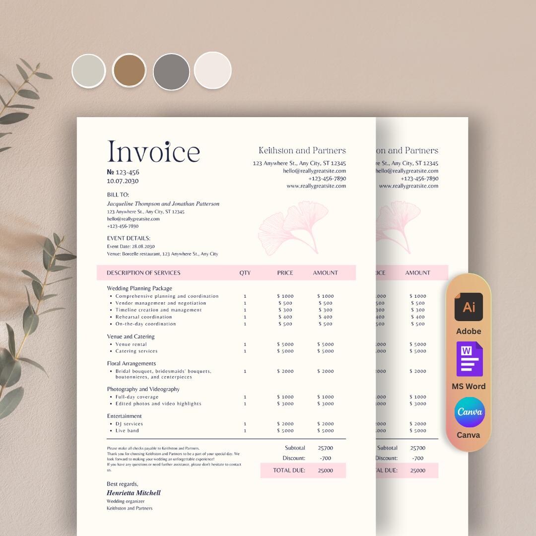 Minimalist Wedding Invoice Template | Editable Canva Invoice for ...
