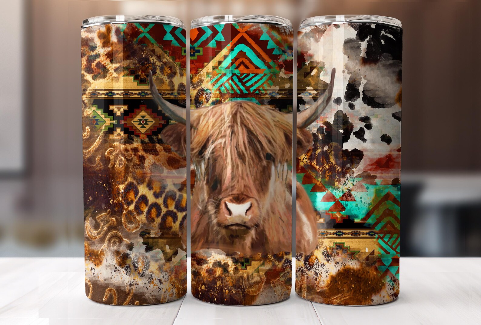Aztec Highland Cow Ready to Press Sublimation RTP Transfer Print 30oz ...