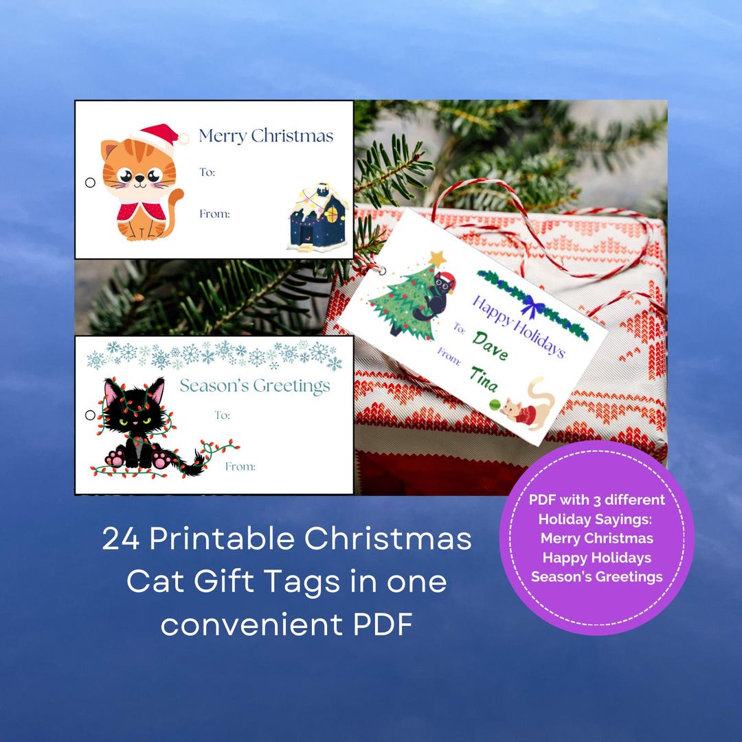 24 Christmas Cat Gift Tags 3.5x2, Printable PDF at Home, Merry ...