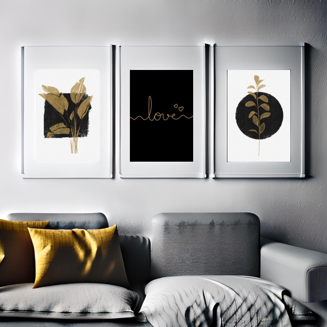 Minimalist Digital Art Set in Black and Gold - Modern Home Decor for ...