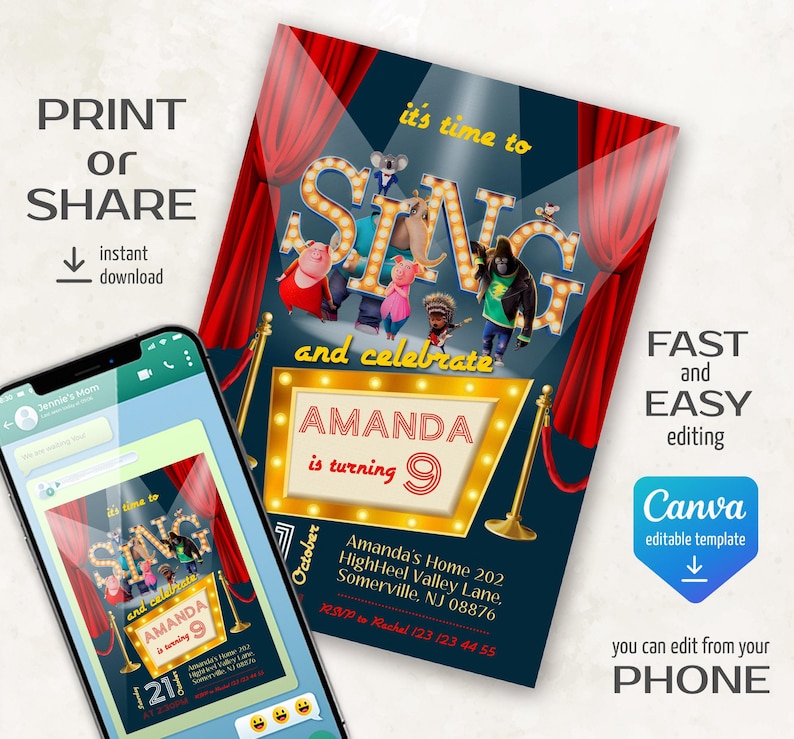 Editable Singer Invitation, Printable Sing 2 Birthday Invitation ...