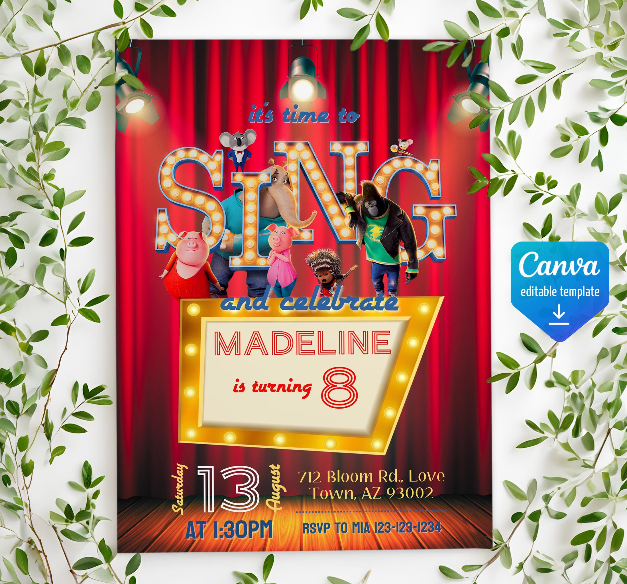 Editable Singer Invitation, Printable Sing 2 Birthday Invitation ...