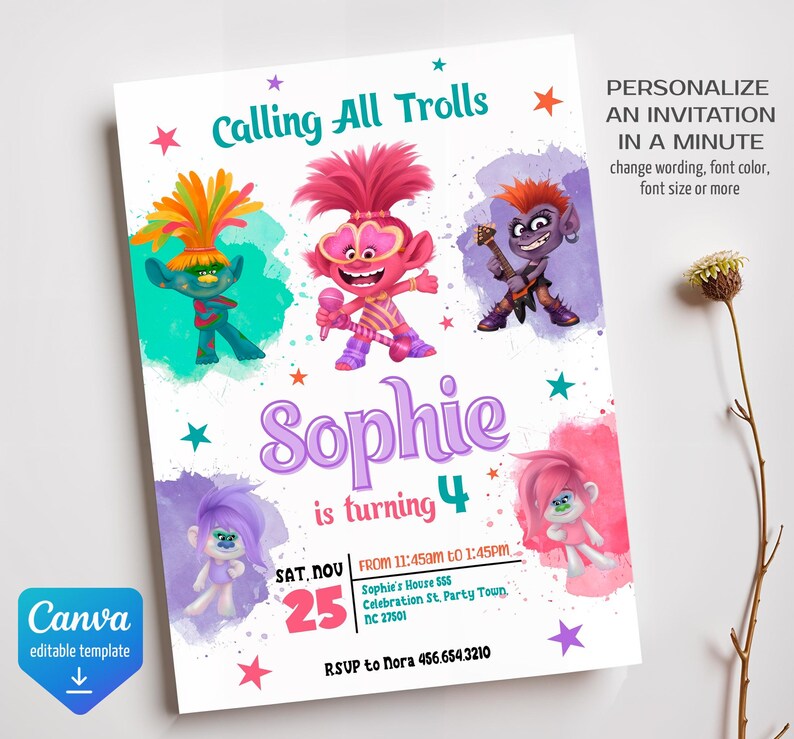 Editable Trolls Invite, Printable Birthday Invitation, Girl Birthday ...