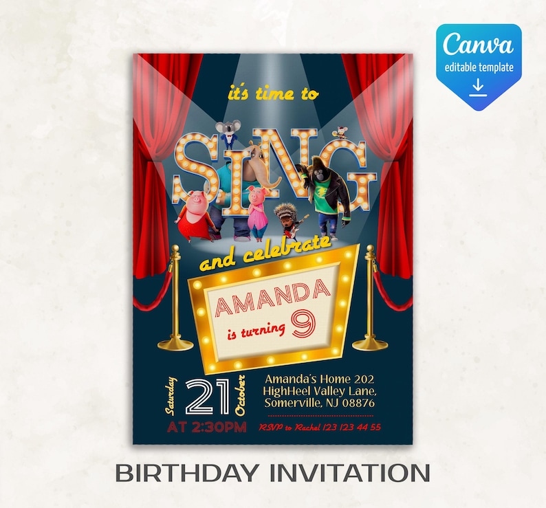 Editable Singer Invitation, Printable Sing 2 Birthday Invitation ...