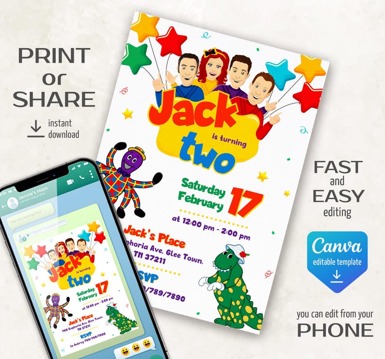 Printable Wiggles Birthday Invite, Wiigle Birthday Invitation, Editable ...