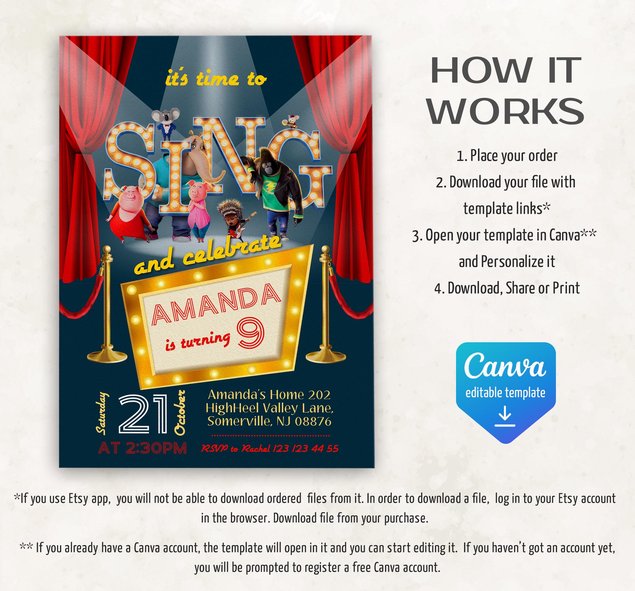 Editable Singer Invitation, Printable Sing 2 Birthday Invitation ...