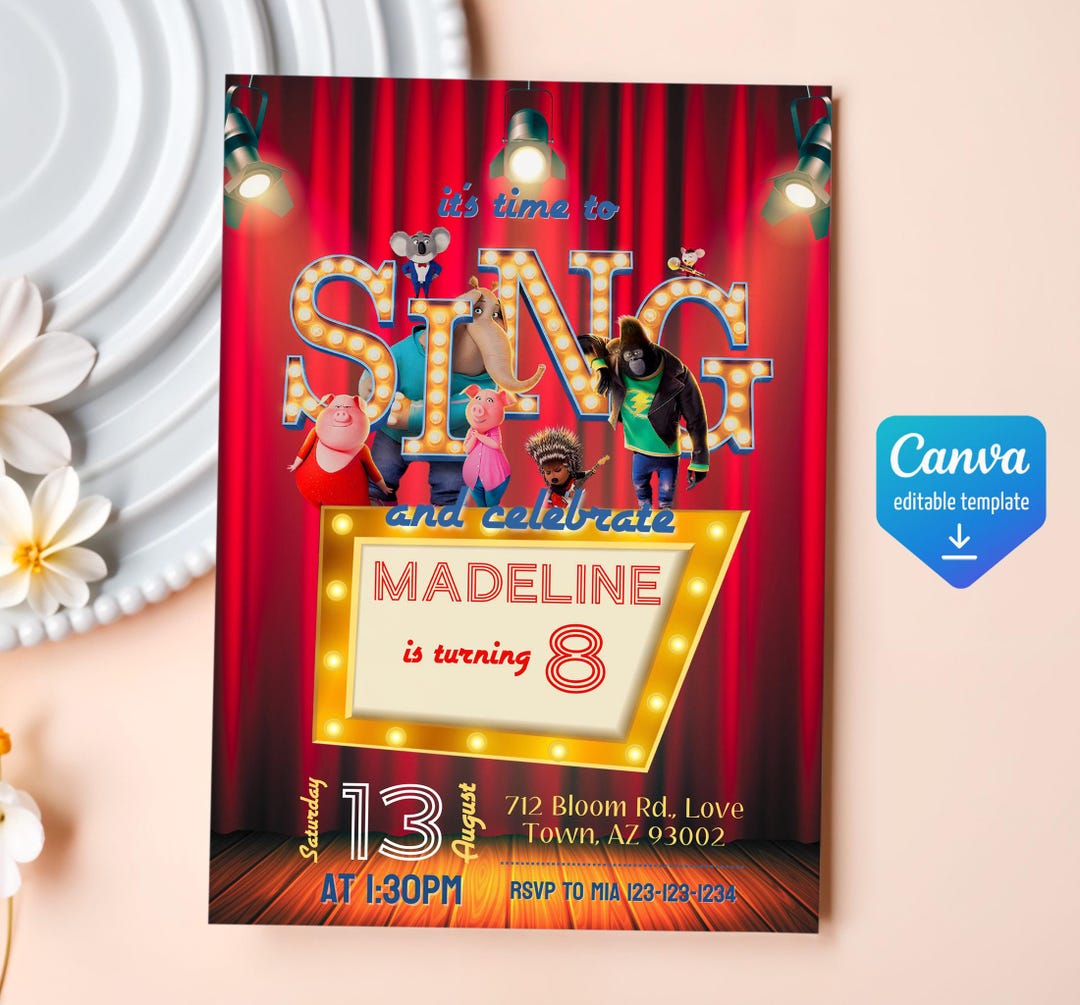 Editable Singer Invitation, Printable Sing 2 Birthday Invitation ...