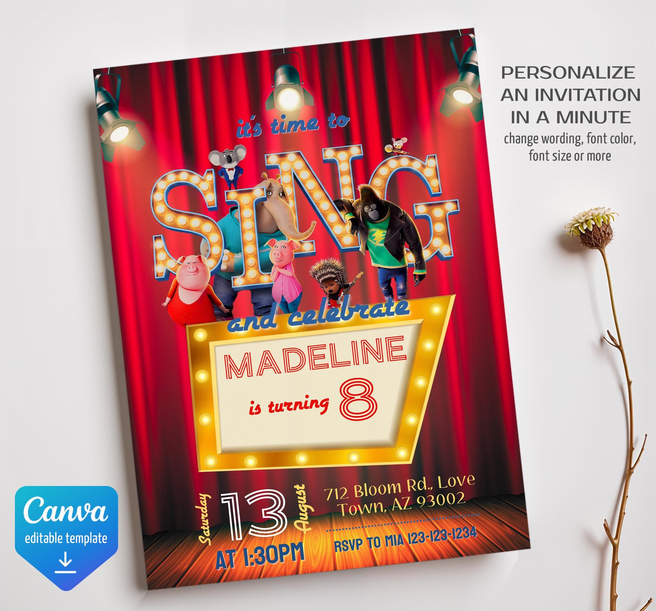 Editable Singer Invitation, Printable Sing 2 Birthday Invitation ...