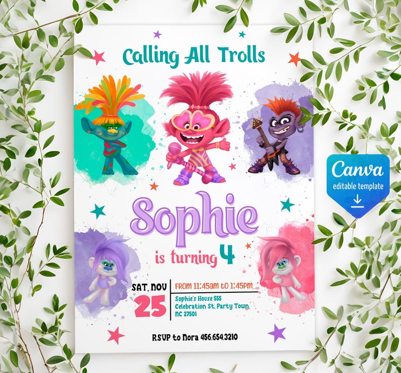 Editable Trolls Invite, Printable Birthday Invitation, Girl Birthday ...