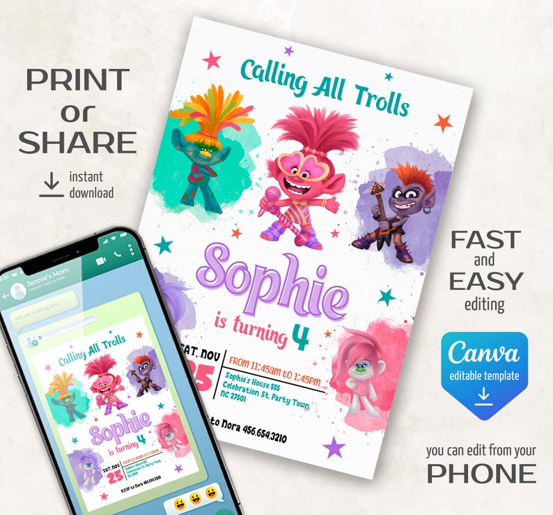 Editable Trolls Invite, Printable Birthday Invitation, Girl Birthday ...