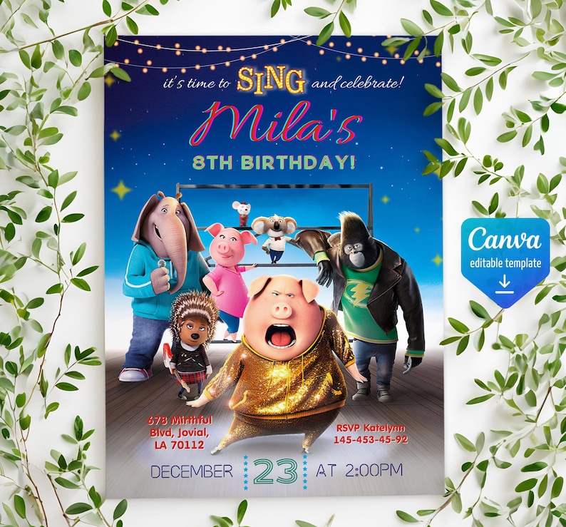 Editable Singer Invitation, Printable Sing 2 Birthday Invitation ...