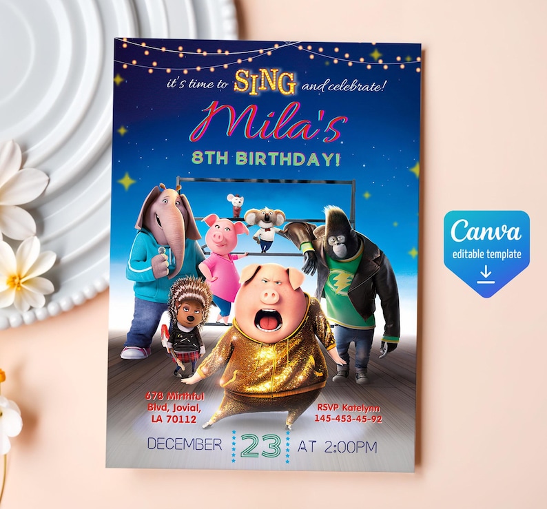 Editable Singer Invitation, Printable Sing 2 Birthday Invitation ...