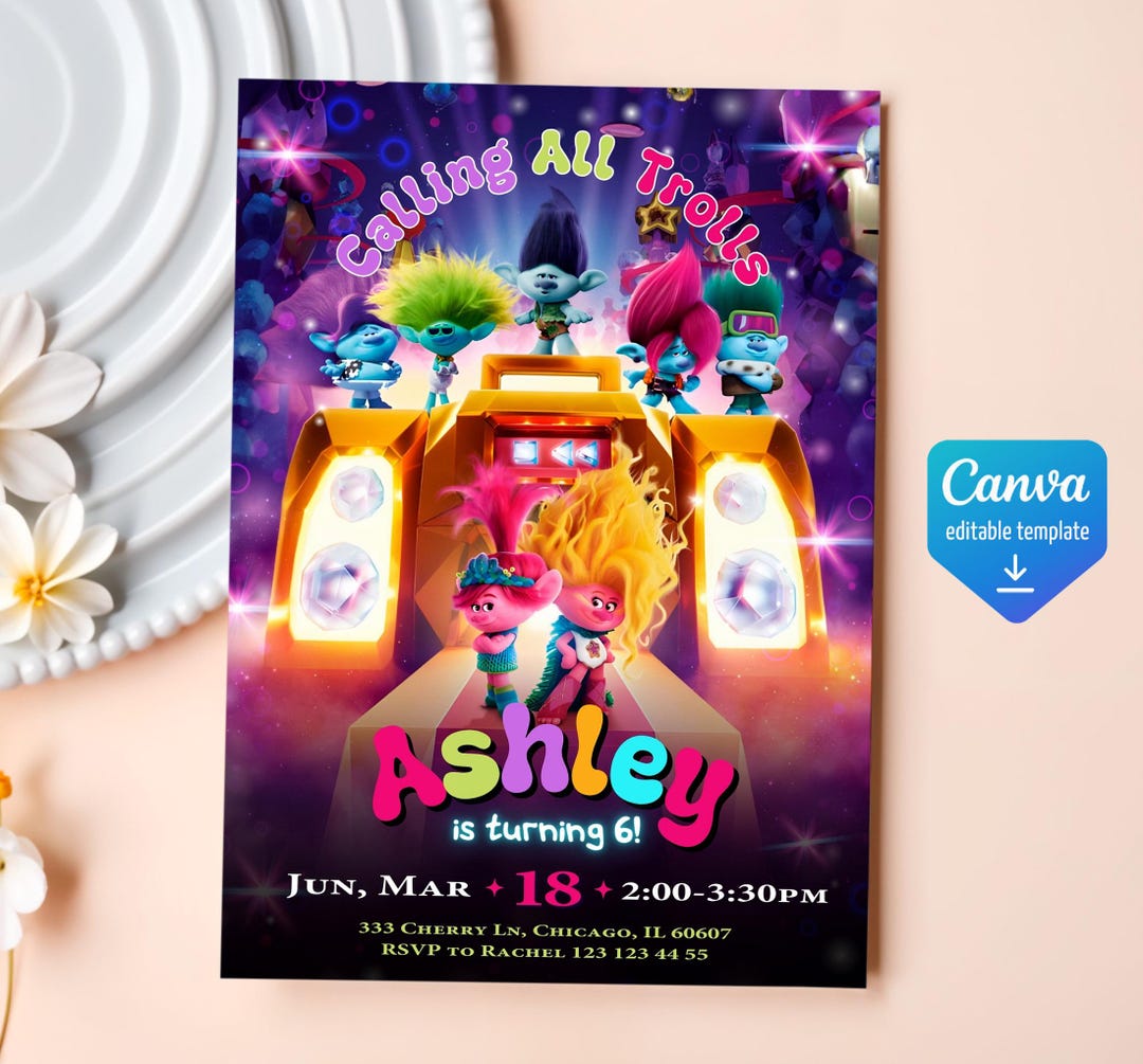 Editable Trolls Invite, Printable Birthday Invitation, Girl Birthday ...