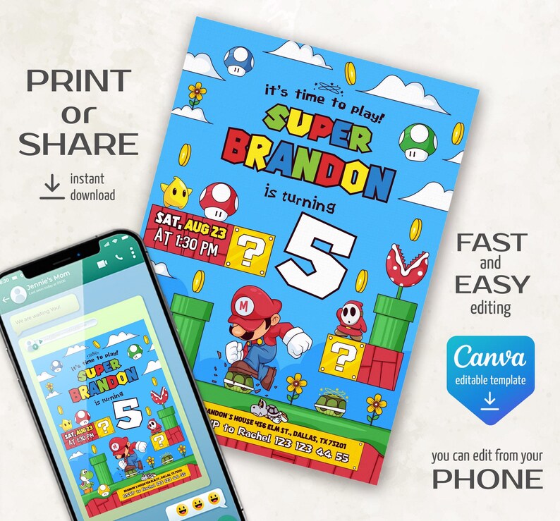 Mario Bros Invitation, Birthday Invite Boy Girl, Super Mario Movie ...