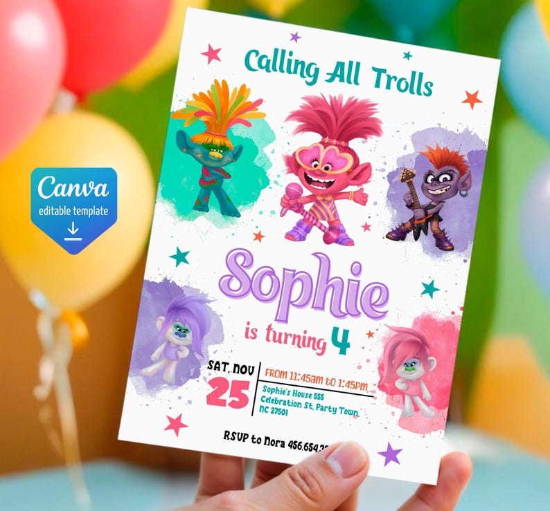 Editable Trolls Invite, Printable Birthday Invitation, Girl Birthday ...